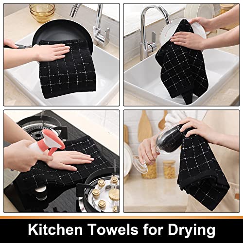 Mordimy 100% Cotton Terry Kitchen Towels, 16 x 26 Inches, Checkered Designed, Super Soft and Absorbent Dish Towels for Kitchen Drying, Perfect for Kitchen and Household Cleaning, 4 Pack, Black