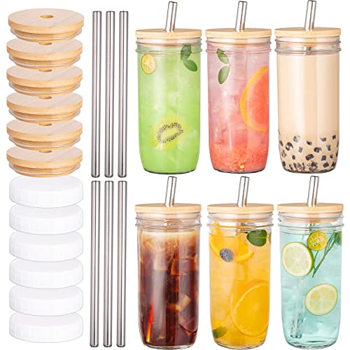 Facilfeliz 6 Pack Bubble Tea Cup, 24oz Iced Coffee Cups, Mason Jar with Bamboo Lids & Straws & 6 Airtight Lids, Reusable Wide Mouth Smoothie Boba Cup, Clean Brush, Glass Cups, Travel Drinking Bottle