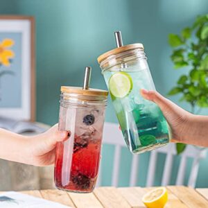 Facilfeliz 6 Pack Bubble Tea Cup, 24oz Iced Coffee Cups, Mason Jar with Bamboo Lids & Straws & 6 Airtight Lids, Reusable Wide Mouth Smoothie Boba Cup, Clean Brush, Glass Cups, Travel Drinking Bottle