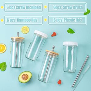 Facilfeliz 6 Pack Bubble Tea Cup, 24oz Iced Coffee Cups, Mason Jar with Bamboo Lids & Straws & 6 Airtight Lids, Reusable Wide Mouth Smoothie Boba Cup, Clean Brush, Glass Cups, Travel Drinking Bottle