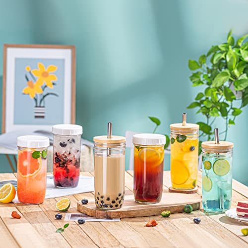 Facilfeliz 6 Pack Bubble Tea Cup, 24oz Iced Coffee Cups, Mason Jar with Bamboo Lids & Straws & 6 Airtight Lids, Reusable Wide Mouth Smoothie Boba Cup, Clean Brush, Glass Cups, Travel Drinking Bottle