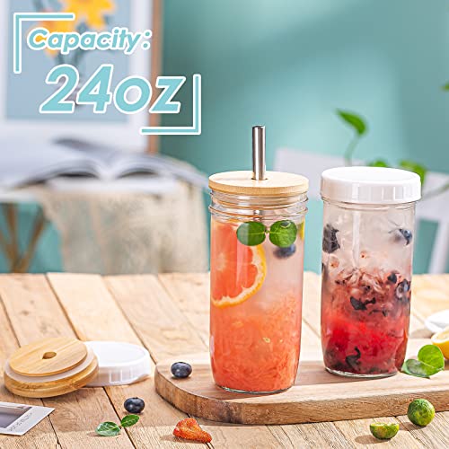 Facilfeliz 6 Pack Bubble Tea Cup, 24oz Iced Coffee Cups, Mason Jar with Bamboo Lids & Straws & 6 Airtight Lids, Reusable Wide Mouth Smoothie Boba Cup, Clean Brush, Glass Cups, Travel Drinking Bottle