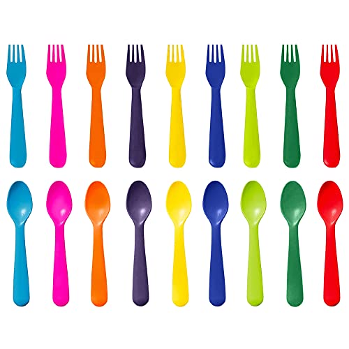 PLASKIDY Toddler Utensils Set of 18 Plastic Kids Utensils Forks and Spoons - BPA FREE/Dishwasher Safe Toddler Silverware Set Brightly Colored Children's Safe Flatware Cutlery Set