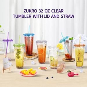 Zukro Acrylic Tumbler with Straw and Lid 32 oz, Double Walled Clear Plastic Straw Cup,Reusable Insulated Cup Perfect for Parties, Birthdays, Customization, Clear,2 Pack,