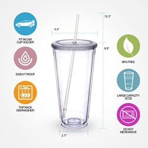 Zukro Acrylic Tumbler with Straw and Lid 32 oz, Double Walled Clear Plastic Straw Cup,Reusable Insulated Cup Perfect for Parties, Birthdays, Customization, Clear,2 Pack,