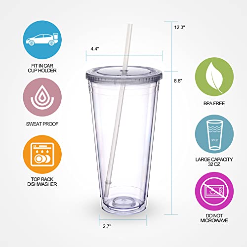 Zukro Acrylic Tumbler with Straw and Lid 32 oz, Double Walled Clear Plastic Straw Cup,Reusable Insulated Cup Perfect for Parties, Birthdays, Customization, Clear,2 Pack,