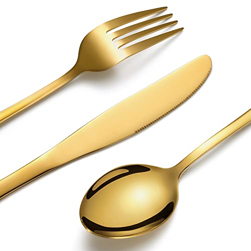 Gold Silverware Set, 30-Piece Gold Flatware Cutlery Utensils Set for 6, Stainless Steel Knives Spoons and Forks Set, Mirror Polished, Dishwasher Safe