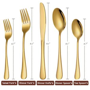 Gold Silverware Set, 30-Piece Gold Flatware Cutlery Utensils Set for 6, Stainless Steel Knives Spoons and Forks Set, Mirror Polished, Dishwasher Safe