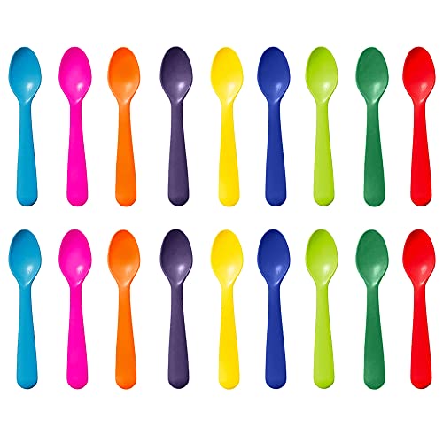 PLASKIDY Plastic Kids Spoons Set of 18 -Toddler Spoons BPA Free / Dishwasher Safe Reusable Children's Spoon Set - Brightly Colored Toddler Spoons Cutlery Flatware Set