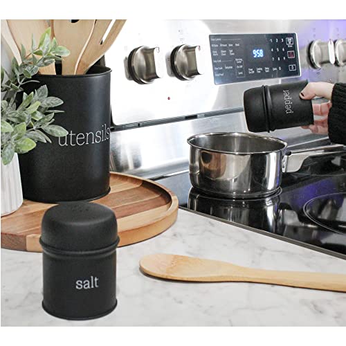 AuldHome Salt and Pepper Shaker Set (Black); Contemporary Modern Farmhouse Retro Enamel Style Shaker Set