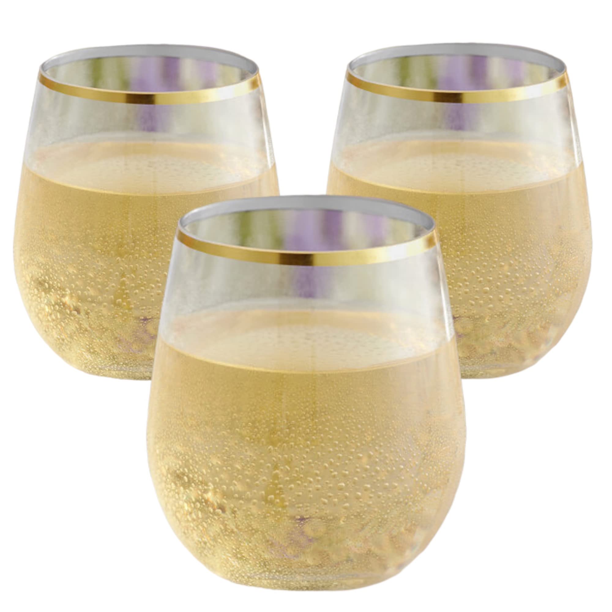 24 piece Stemless Disposable Unbreakable Crystal Clear Plastic Wine Glasses Set of 24 (12 Ounce - Gold Rim)