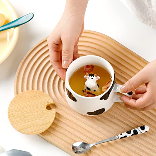 BigNoseDeer Cute Ceramic Cow Coffee Mug with 3D Animal Inside Kawaii Tea Cup with Spoon and Lid Cow Print Stuff Christmas Gifts Birthday Mother's Day Cute Gifts for Women Kids 12oz (Cow)