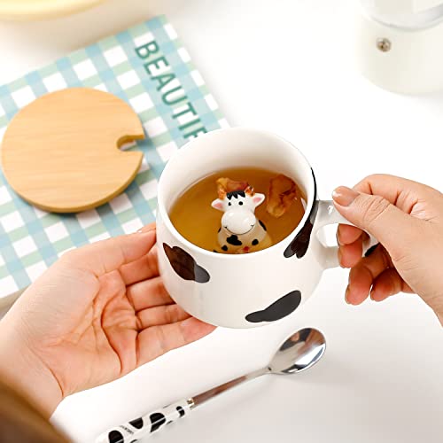 BigNoseDeer Cute Ceramic Cow Coffee Mug with 3D Animal Inside Kawaii Tea Cup with Spoon and Lid Cow Print Stuff Christmas Gifts Birthday Mother's Day Cute Gifts for Women Kids 12oz (Cow)