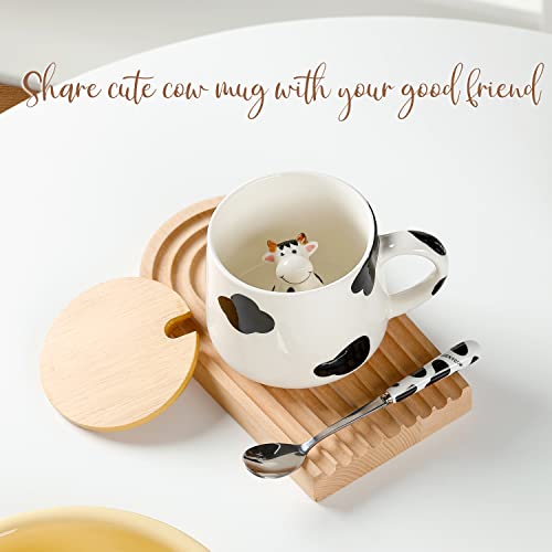 BigNoseDeer Cute Ceramic Cow Coffee Mug with 3D Animal Inside Kawaii Tea Cup with Spoon and Lid Cow Print Stuff Christmas Gifts Birthday Mother's Day Cute Gifts for Women Kids 12oz (Cow)