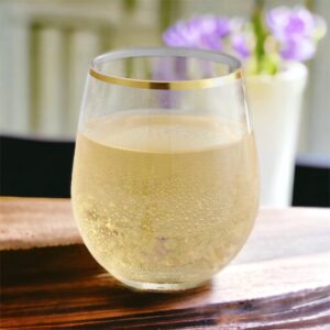 24 piece Stemless Disposable Unbreakable Crystal Clear Plastic Wine Glasses Set of 24 (12 Ounce - Gold Rim)