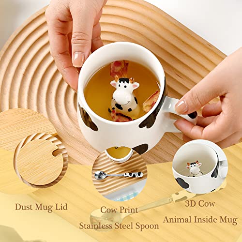 BigNoseDeer Cute Ceramic Cow Coffee Mug with 3D Animal Inside Kawaii Tea Cup with Spoon and Lid Cow Print Stuff Christmas Gifts Birthday Mother's Day Cute Gifts for Women Kids 12oz (Cow)