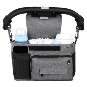 kookoomia universal stroller organizer with cup holder, baby stroller caddy organizer with extra storage bag and shoulder strap, pockets for phone, keys and toys, large compacity, fits most strollers