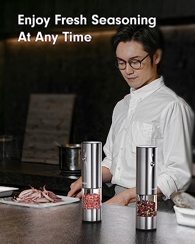 [Upgraded Larger Capacity] Electric Salt and Pepper Grinder Set Rechargeable with LED lights - Stainless Steel Automatic Pepper Grinder and Salt Grinder Refillable with 6 Adjustable Coarseness