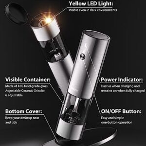 [Upgraded Larger Capacity] Electric Salt and Pepper Grinder Set Rechargeable with LED lights - Stainless Steel Automatic Pepper Grinder and Salt Grinder Refillable with 6 Adjustable Coarseness