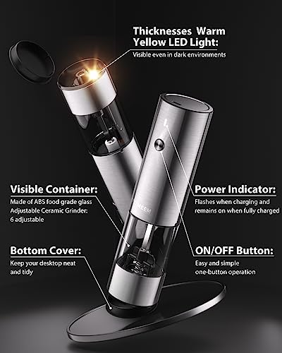 [Upgraded Larger Capacity] Electric Salt and Pepper Grinder Set Rechargeable with LED lights - Stainless Steel Automatic Pepper Grinder and Salt Grinder Refillable with 6 Adjustable Coarseness