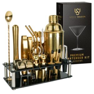 mixology bartender kit – 24 piece gold cocktail shaker set w/stand – essential home bar accessories martini shaker, jigger, muddler, chilling cubes & more