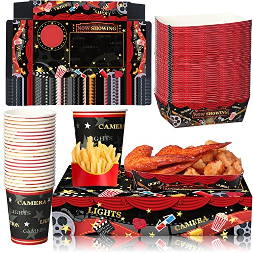 72 Pcs Movie Night Party Supplies Movie Night Snack Trays Boxes with Disposable Paper Food Trays and Cups Cinema Combo Trays Cardboard Popcorn Drink Candy Holder for Kids Birthday Cinema Party Favors