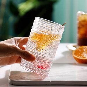 Bandesun Romantic Highball Glasses Set of 6, 12 oz Hobnail Glassware, Embossed Vintage Drinking Glasses for Beer, Cocktail, Soda, Beverage