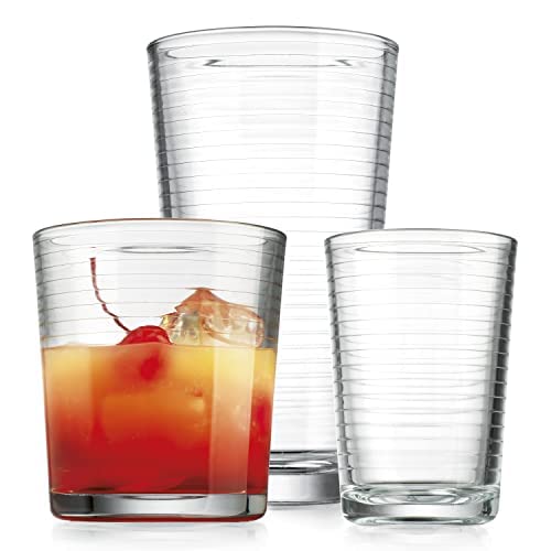 Set Of 18 Drinking Glasses, Includes 6-17 Oz. Highball Glasses, 6-13 Oz. Rock Glasses, 6-7 Oz. Juice Glasses, Ribbed Glasses, For Cocktail, Water, Juice. Dishwasher Safe