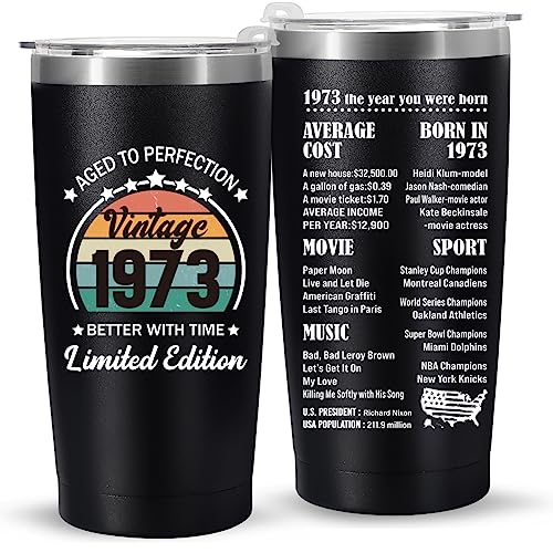 Jettryran 50th Birthday Gifts for Women Men Parents 50 Years Old Gifts- 20 oz Double-sided Vintage 1973 with Time Information Tumbler Cup（black） Turning 50- TB004