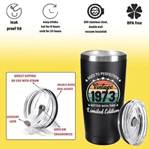 Jettryran 50th Birthday Gifts for Women Men Parents 50 Years Old Gifts- 20 oz Double-sided Vintage 1973 with Time Information Tumbler Cup（black） Turning 50- TB004