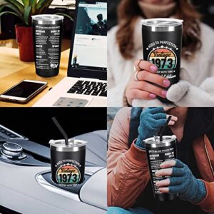 Jettryran 50th Birthday Gifts for Women Men Parents 50 Years Old Gifts- 20 oz Double-sided Vintage 1973 with Time Information Tumbler Cup（black） Turning 50- TB004