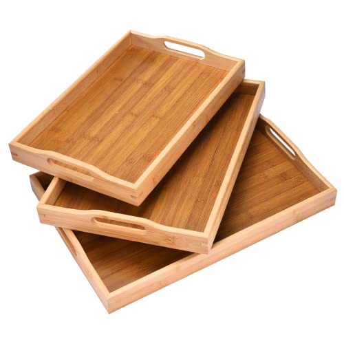 Prosumers Choice 3 Pack Bamboo Serving Trays with Handles - Bamboo Trays for Food-Serving Tray - Wooden Trays for Food - Set with Different Sizes