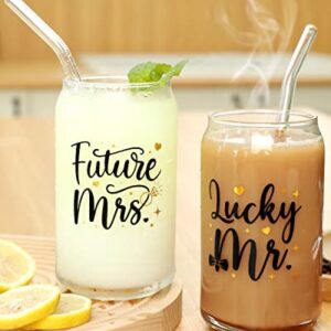 Nefelibata Future Mrs. Lucky Mr. Coffee Cups Beer Can Glasses Set of 2 Engagement Gifts Cup Wedding Bride Groom for Cocktail Juice Large 16 oz Drinking Glass Mason Jar For Couple Wife Husband Woman