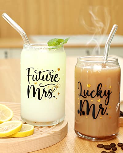 Nefelibata Future Mrs. Lucky Mr. Coffee Cups Beer Can Glasses Set of 2 Engagement Gifts Cup Wedding Bride Groom for Cocktail Juice Large 16 oz Drinking Glass Mason Jar For Couple Wife Husband Woman