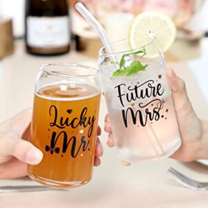 Nefelibata Future Mrs. Lucky Mr. Coffee Cups Beer Can Glasses Set of 2 Engagement Gifts Cup Wedding Bride Groom for Cocktail Juice Large 16 oz Drinking Glass Mason Jar For Couple Wife Husband Woman