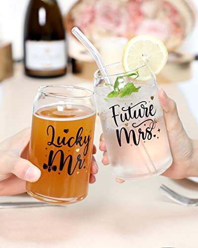 Nefelibata Future Mrs. Lucky Mr. Coffee Cups Beer Can Glasses Set of 2 Engagement Gifts Cup Wedding Bride Groom for Cocktail Juice Large 16 oz Drinking Glass Mason Jar For Couple Wife Husband Woman