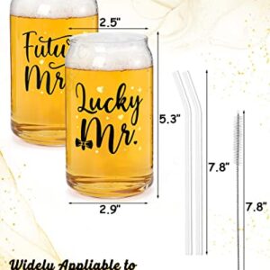 Nefelibata Future Mrs. Lucky Mr. Coffee Cups Beer Can Glasses Set of 2 Engagement Gifts Cup Wedding Bride Groom for Cocktail Juice Large 16 oz Drinking Glass Mason Jar For Couple Wife Husband Woman