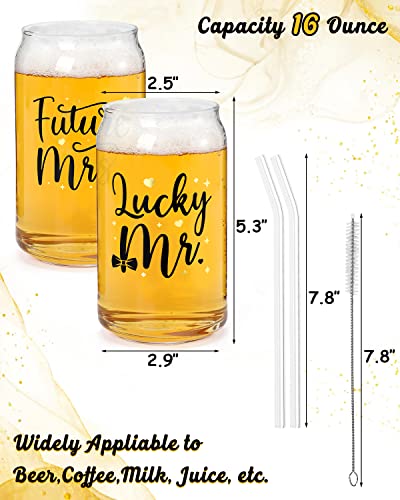 Nefelibata Future Mrs. Lucky Mr. Coffee Cups Beer Can Glasses Set of 2 Engagement Gifts Cup Wedding Bride Groom for Cocktail Juice Large 16 oz Drinking Glass Mason Jar For Couple Wife Husband Woman