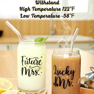 Nefelibata Future Mrs. Lucky Mr. Coffee Cups Beer Can Glasses Set of 2 Engagement Gifts Cup Wedding Bride Groom for Cocktail Juice Large 16 oz Drinking Glass Mason Jar For Couple Wife Husband Woman