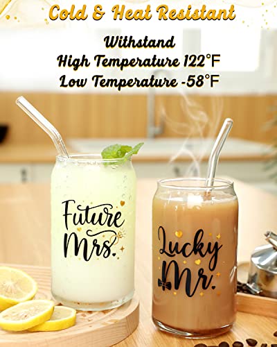 Nefelibata Future Mrs. Lucky Mr. Coffee Cups Beer Can Glasses Set of 2 Engagement Gifts Cup Wedding Bride Groom for Cocktail Juice Large 16 oz Drinking Glass Mason Jar For Couple Wife Husband Woman