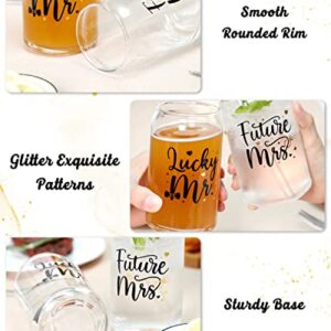 Nefelibata Future Mrs. Lucky Mr. Coffee Cups Beer Can Glasses Set of 2 Engagement Gifts Cup Wedding Bride Groom for Cocktail Juice Large 16 oz Drinking Glass Mason Jar For Couple Wife Husband Woman