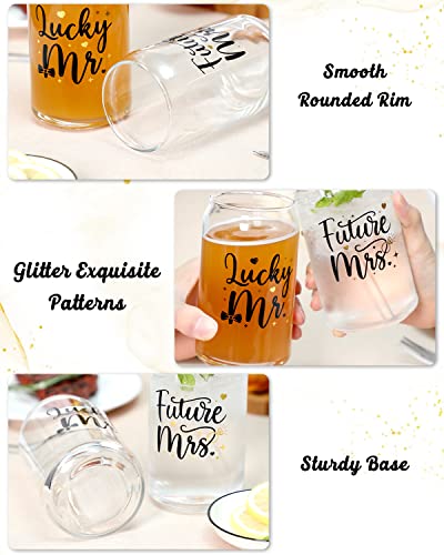 Nefelibata Future Mrs. Lucky Mr. Coffee Cups Beer Can Glasses Set of 2 Engagement Gifts Cup Wedding Bride Groom for Cocktail Juice Large 16 oz Drinking Glass Mason Jar For Couple Wife Husband Woman