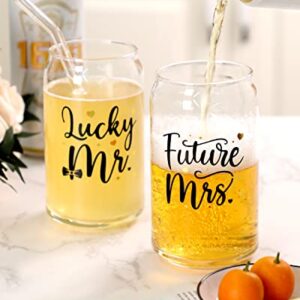 Nefelibata Future Mrs. Lucky Mr. Coffee Cups Beer Can Glasses Set of 2 Engagement Gifts Cup Wedding Bride Groom for Cocktail Juice Large 16 oz Drinking Glass Mason Jar For Couple Wife Husband Woman