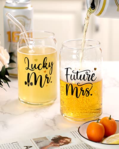 Nefelibata Future Mrs. Lucky Mr. Coffee Cups Beer Can Glasses Set of 2 Engagement Gifts Cup Wedding Bride Groom for Cocktail Juice Large 16 oz Drinking Glass Mason Jar For Couple Wife Husband Woman