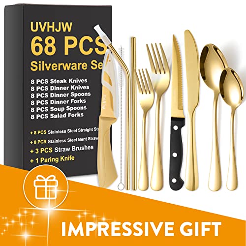 68-piece Gold Silverware Set with Steak Knife, Service for 8, Stainless Steel flatware Cutlery Set with Metal Straw Drinking Set, Mirror Polished Fork Spoon Knife Set Eating Utensils Tableware