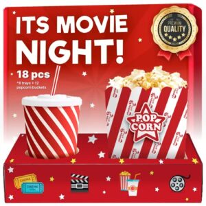 movie night supplies 18 pcs - popcorn buckets (12ct) & movie night snack trays (6ct) - movie theater decor & popcorn bowls for family movie night, popcorn bags individual servings & movie snack trays