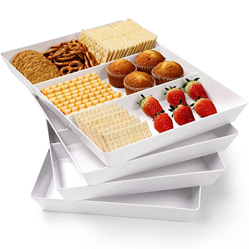 4 Pack, 16" x 11", 3-Section Large White Serving Trays Set - Reusable Plastic Serving Platters for Party Food, Cookie, Appetizer, Charcuterie, Snack, Dessert Display, Stackable Kitchen Dish, BPA Free