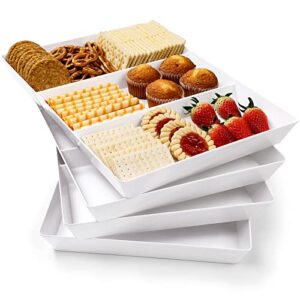 4 Pack, 16" x 11", 3-Section Large White Serving Trays Set - Reusable Plastic Serving Platters for Party Food, Cookie, Appetizer, Charcuterie, Snack, Dessert Display, Stackable Kitchen Dish, BPA Free