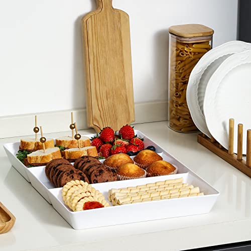 4 Pack, 16" x 11", 3-Section Large White Serving Trays Set - Reusable Plastic Serving Platters for Party Food, Cookie, Appetizer, Charcuterie, Snack, Dessert Display, Stackable Kitchen Dish, BPA Free