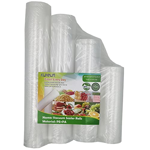 KUHINJA Vacuum Sealer Rolls, 4 Rolls (6"+8"+10"+11")*16.5' Commercial Grade Bag Rolls, Food Vac Bags for Storage, Meal Prep or Sous Vide, BPA Free